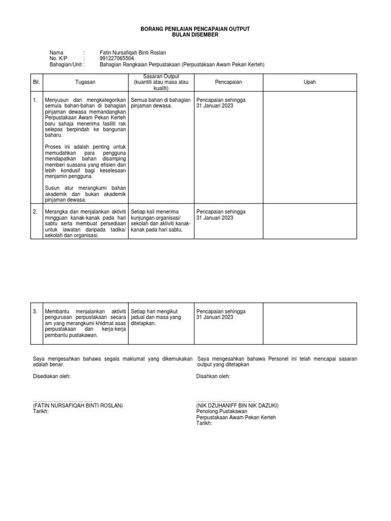 Borang Penilaian Pencapaian Output Jan2023 MySTEP | PDF