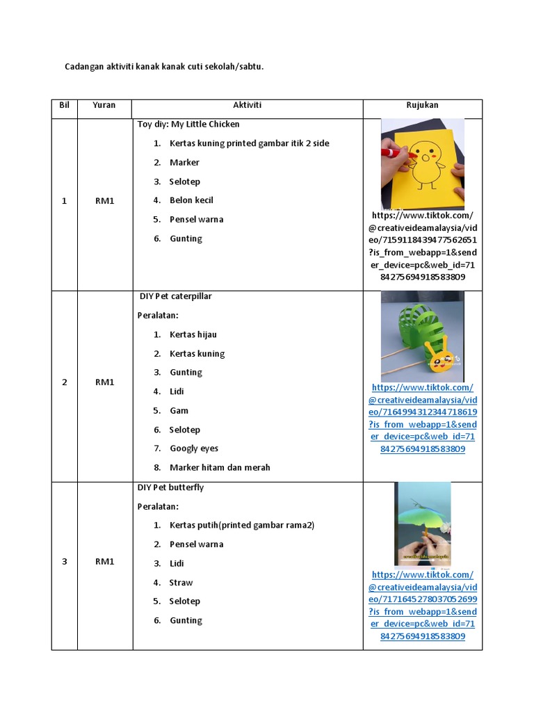 Cadangan Aktiviti Kanak2 | PDF