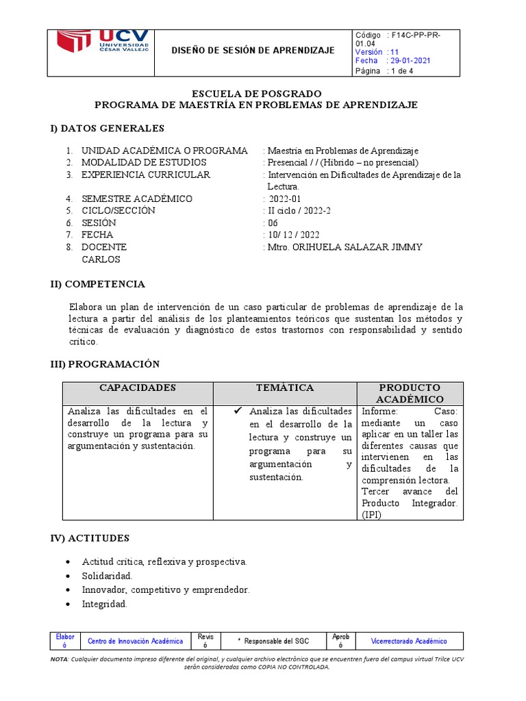 DISENO - DE - SESION - DE - APRENDIZAJE PROBLEMAS DE LECTURA SESION 6 ... DISENO - DE - SESION - DE - APRENDIZAJE PROBLEMAS DE LECTURA SESION 6 ...