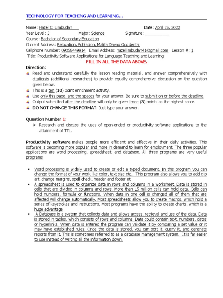 Lesson 1 Productivy Software Applications | PDF | Lesson Plan | Teachers