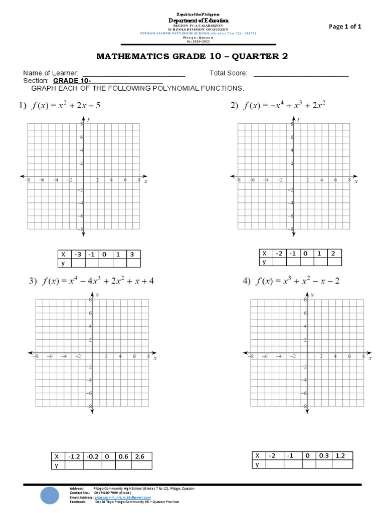 ANSWER SHEET M10 Q2 Polynomial Functions | PDF