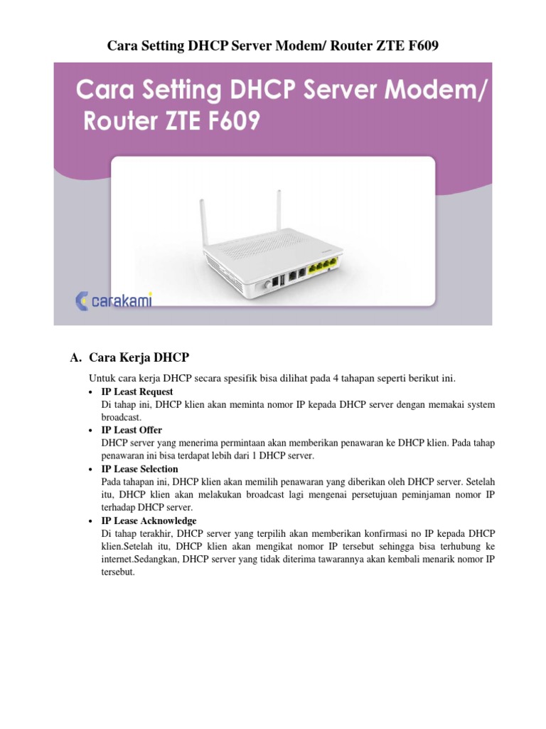 WIFFI - Router ZTE F609 - Cara Setting DHCP Server | PDF | Bisnis ...
