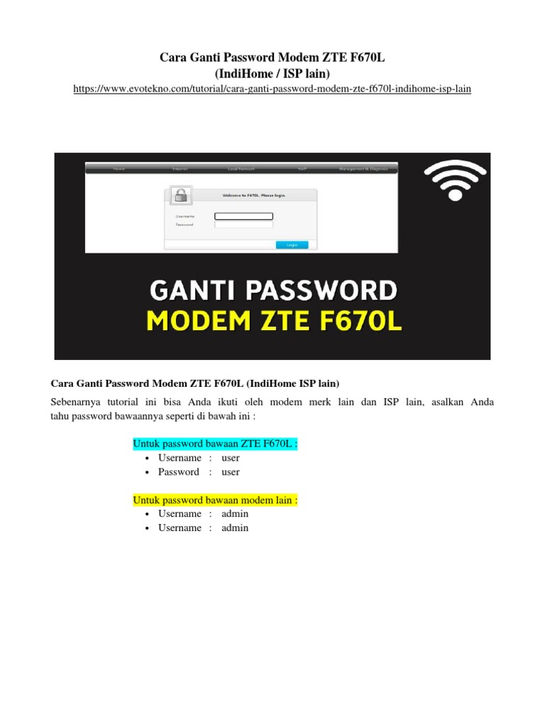 WIFFI - Router ZTE F670L - Cara Ganti Password IndiHome-ISP | PDF