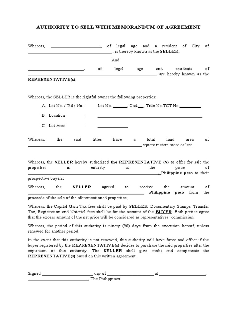 AUTHORITY - TO - SELL - WITH - MEMORANDUM - OF - AGREEMENT Sample | PDF ...