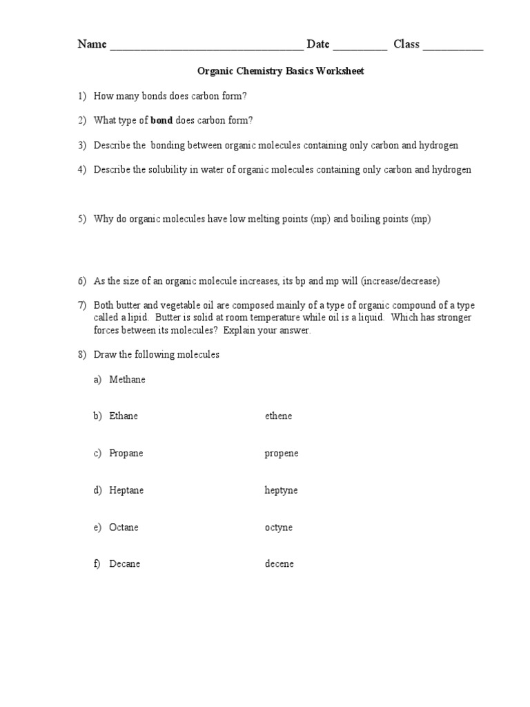 Organic Chemistry Basics Worksheet | PDF