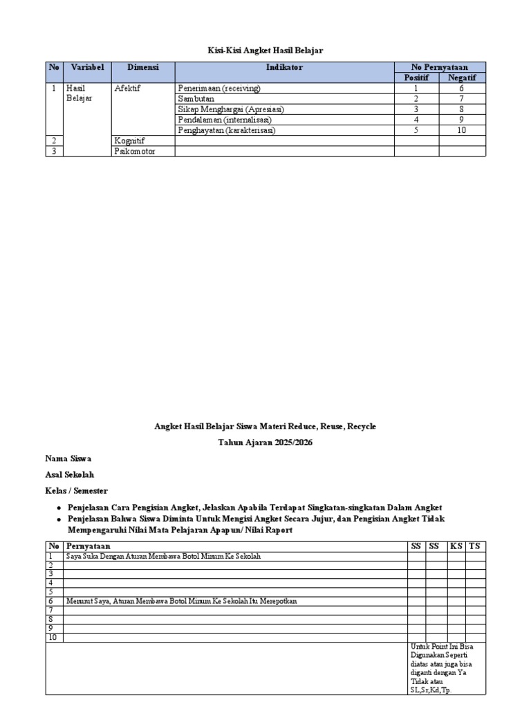 Kisi-Kisi Dan Contoh Angket Penelitian | PDF