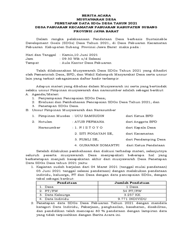 BA. Musdes Penetapan Data SDGs Desa 2021 | PDF