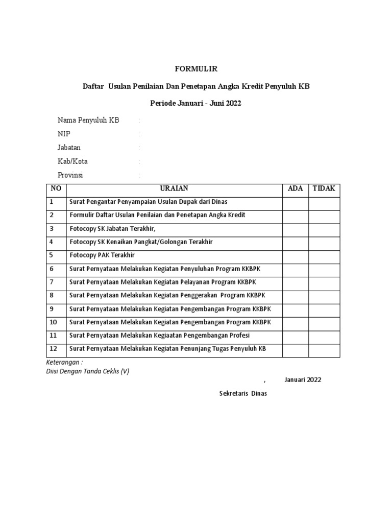 Formulir Daftar Usulan Penilaian Dan Penetapan Angka Kredit Penyuluh KB ...