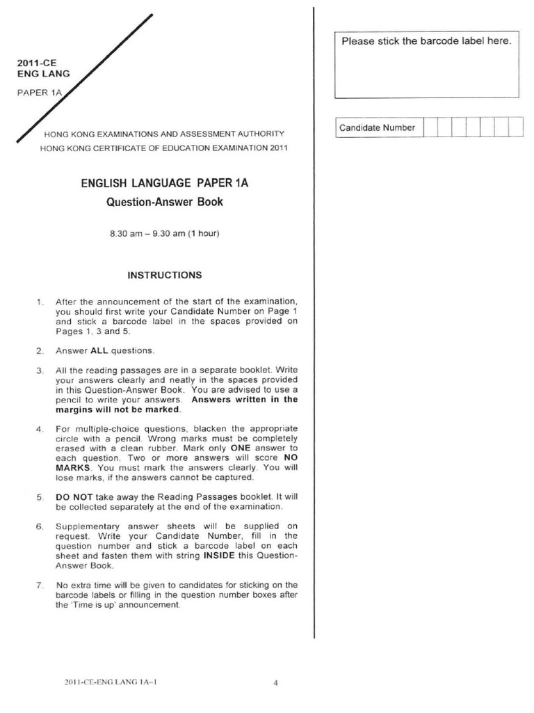 2011 English Language Paper 1A (Reading) | PDF