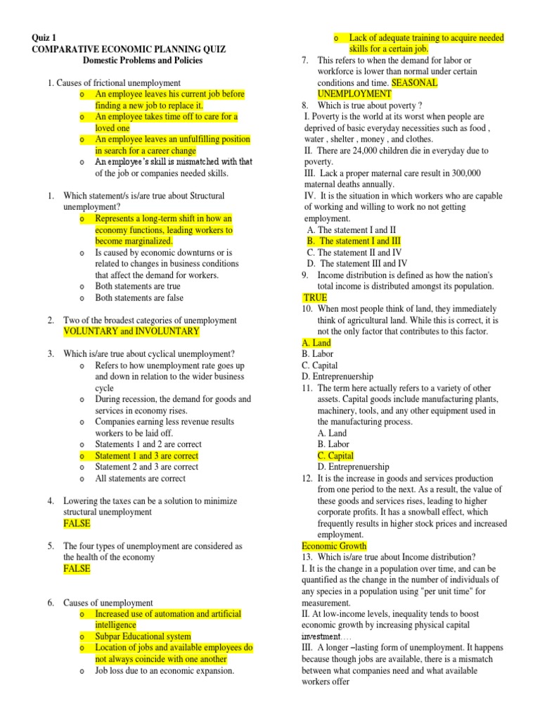 Quiz 1 Comparative Economic Planning Quiz Domestic Problems and ...