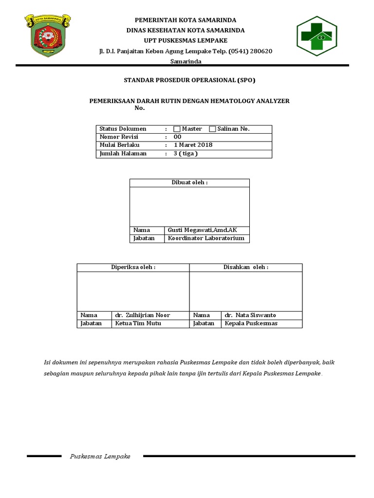 Spo Pemeriksaan Darah Rutin Dengan Hematology Analyzer | PDF