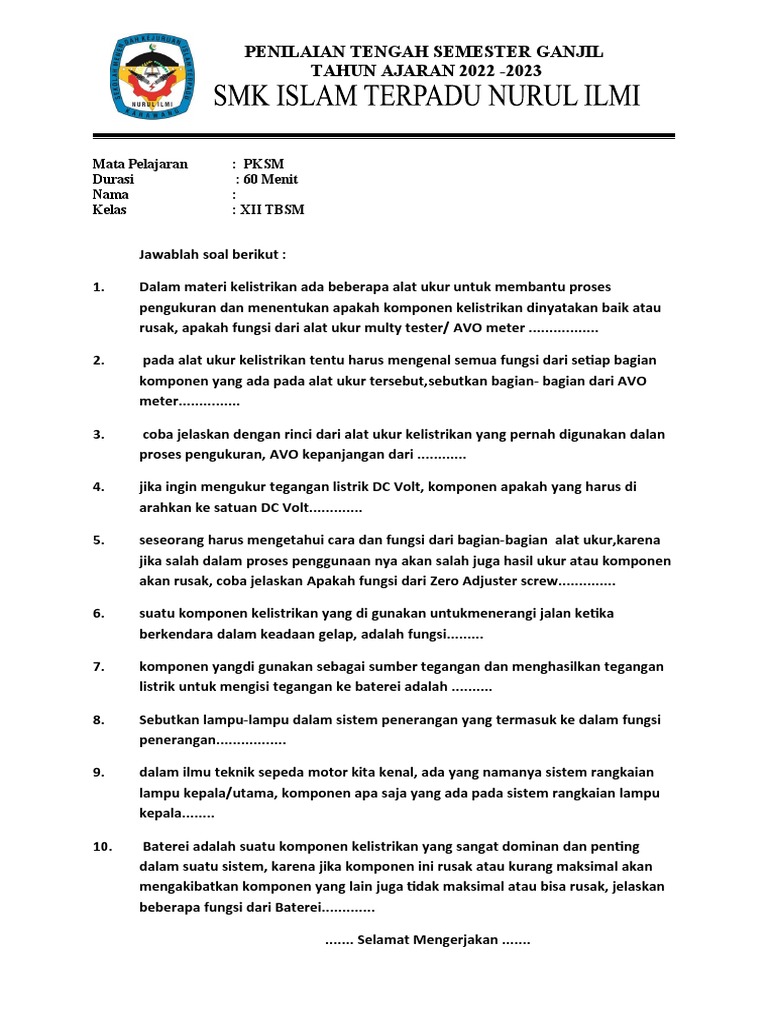 Soal PMSM XII TSM Ali H M | PDF | Teknologi & Rekayasa
