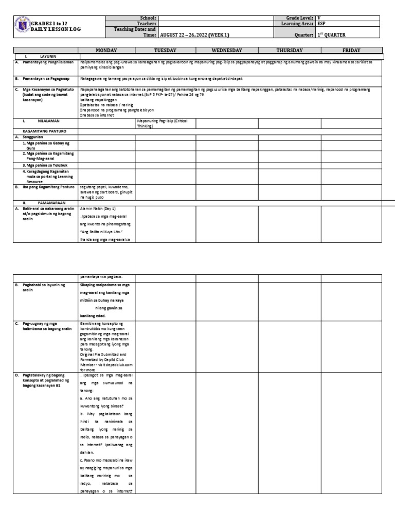 Grade 5 DLL ESP 5 Q1 Week 1 | PDF