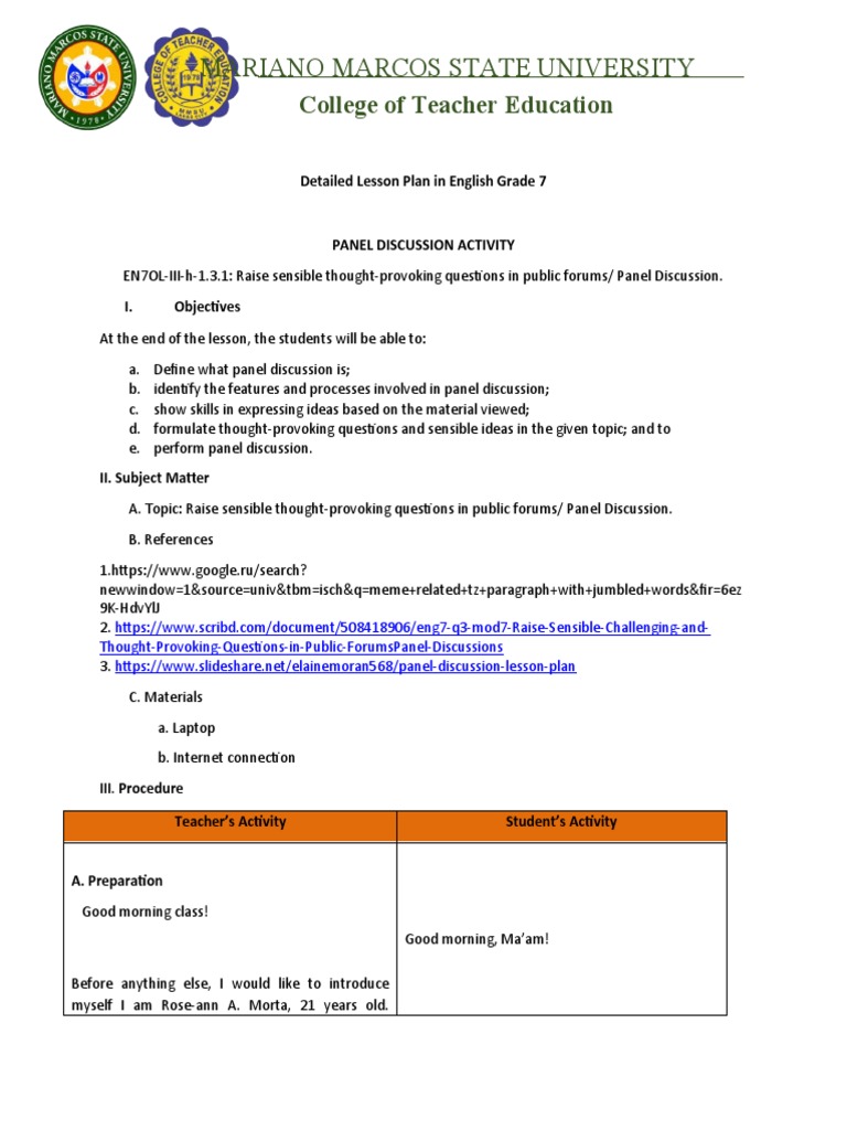 Panel Discussion Lesson Plan for Grade 7 | PDF | Teachers | Thought