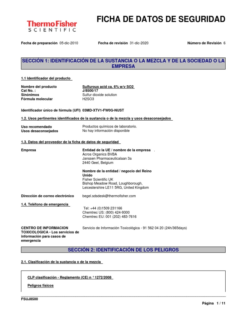 Ficha de Datos de Seguridad H2so3 | PDF | Residuos | Guante