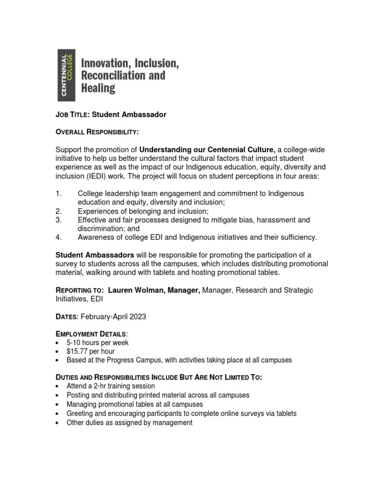 Student Ambassadors Job Description | PDF