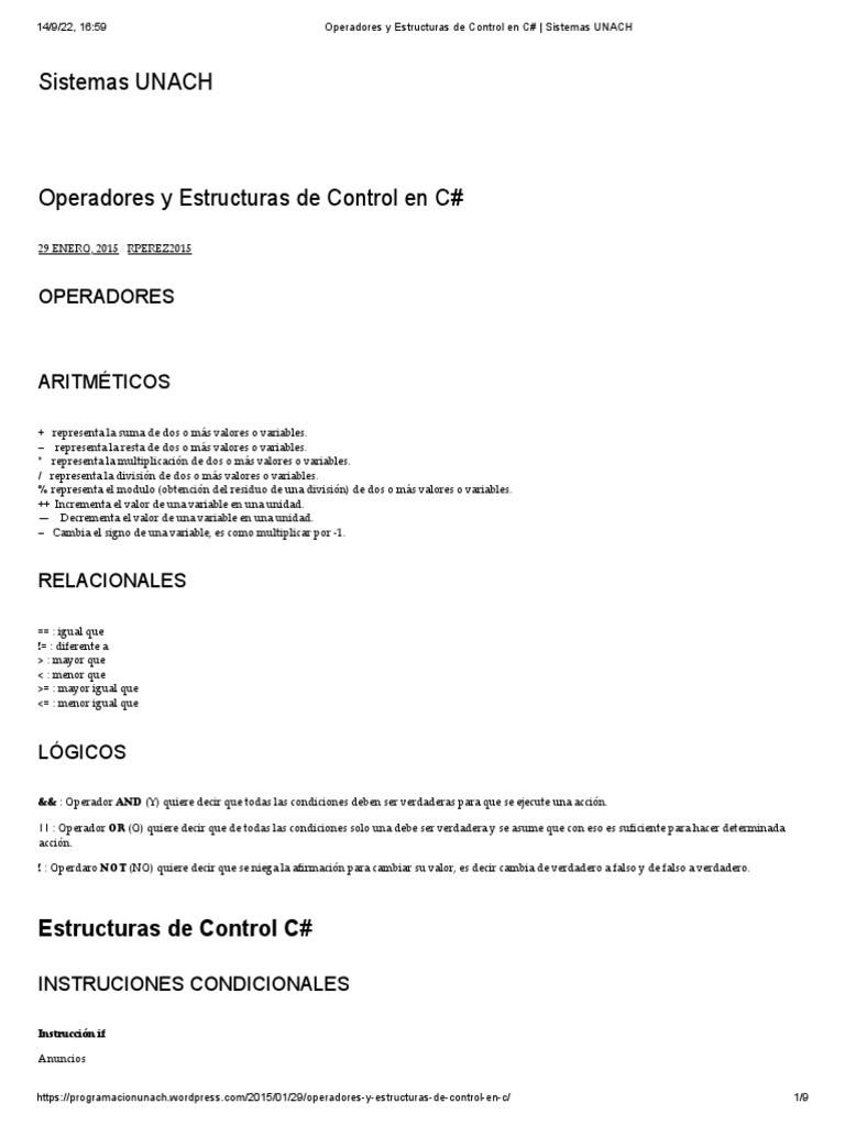 Operadores Y Estructuras De Control En C Sistemas Unach Pdf C Sharp Lenguaje De