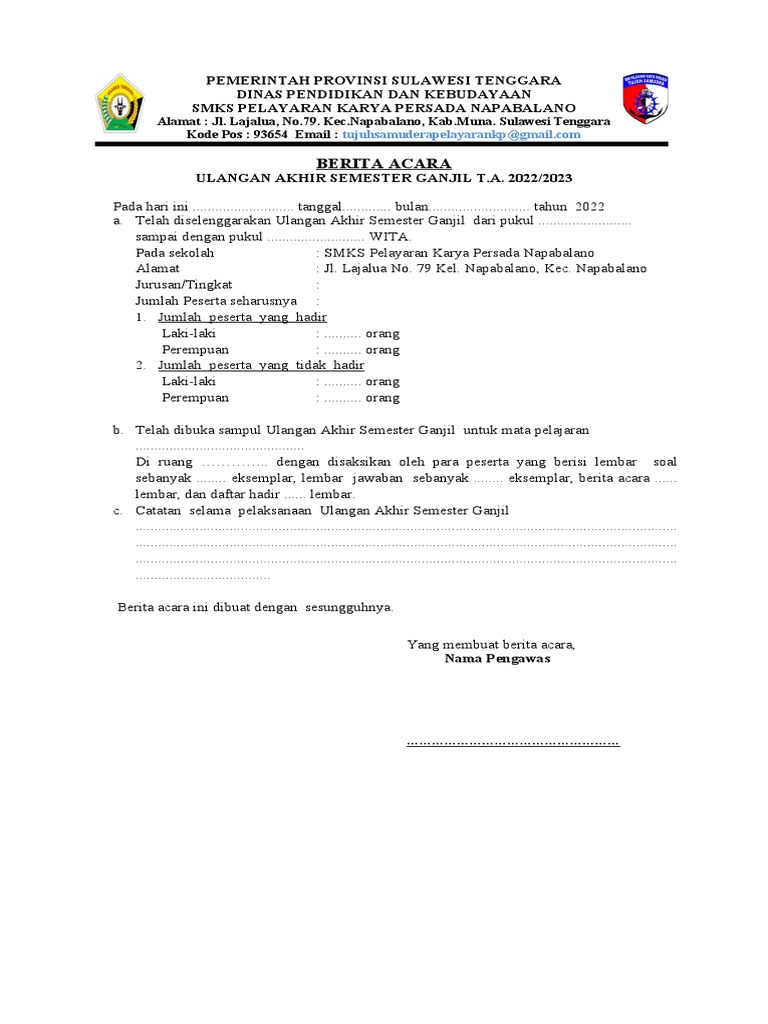 Berita Acara Ulangan Akhir Semester Ganjil (2022-2023) | PDF