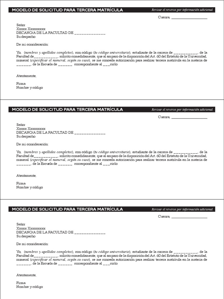 Modelo de Solicitud para Tercera Matrícula: Revisar El Reverso Por ...