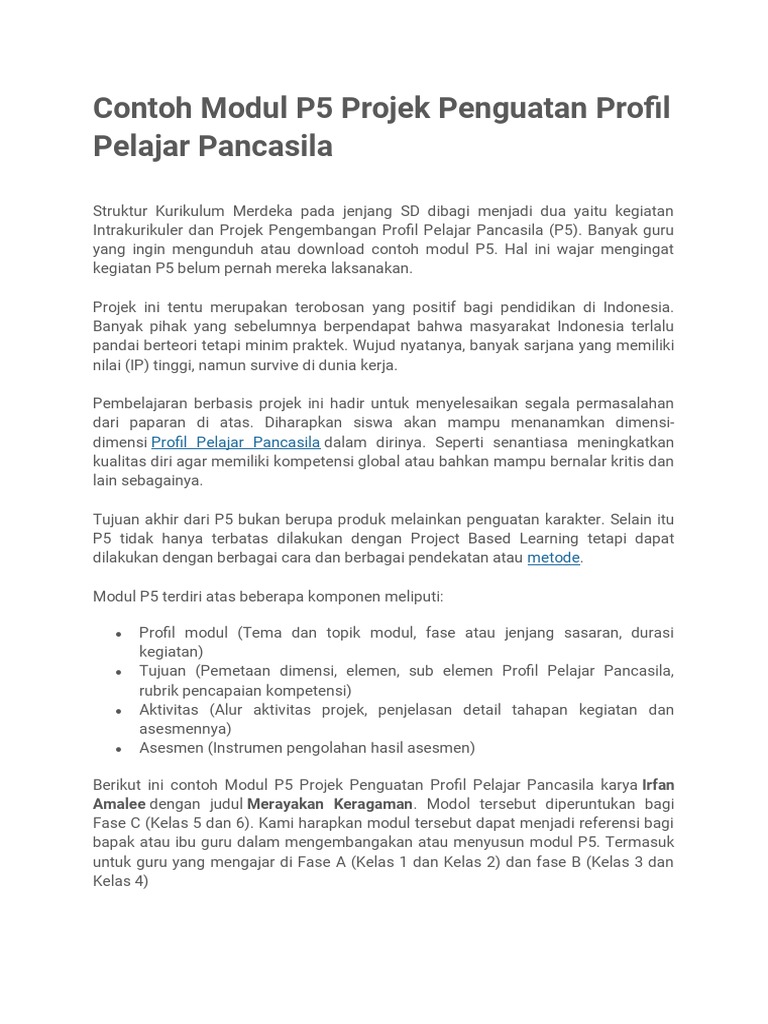 Contoh Modul P5 Projek Penguatan Profil Pelajar Pancasila | PDF