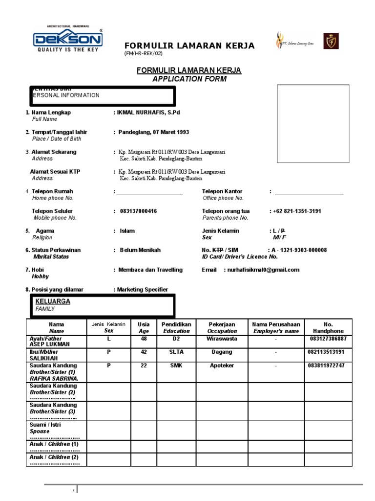 Formulir Lamaran Kerja IKMAL NURHAFIS | PDF