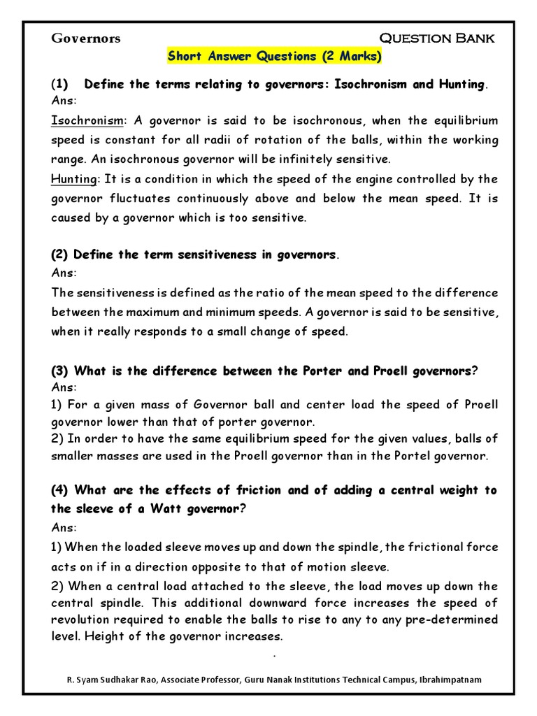 Question Bank Governors | PDF | Force | Metrology