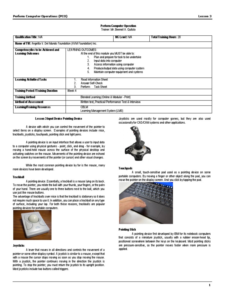 Lesson 3 PCO Input Device Pointing Device-MIDTERM | PDF | Cursor (User Interface) | Tools