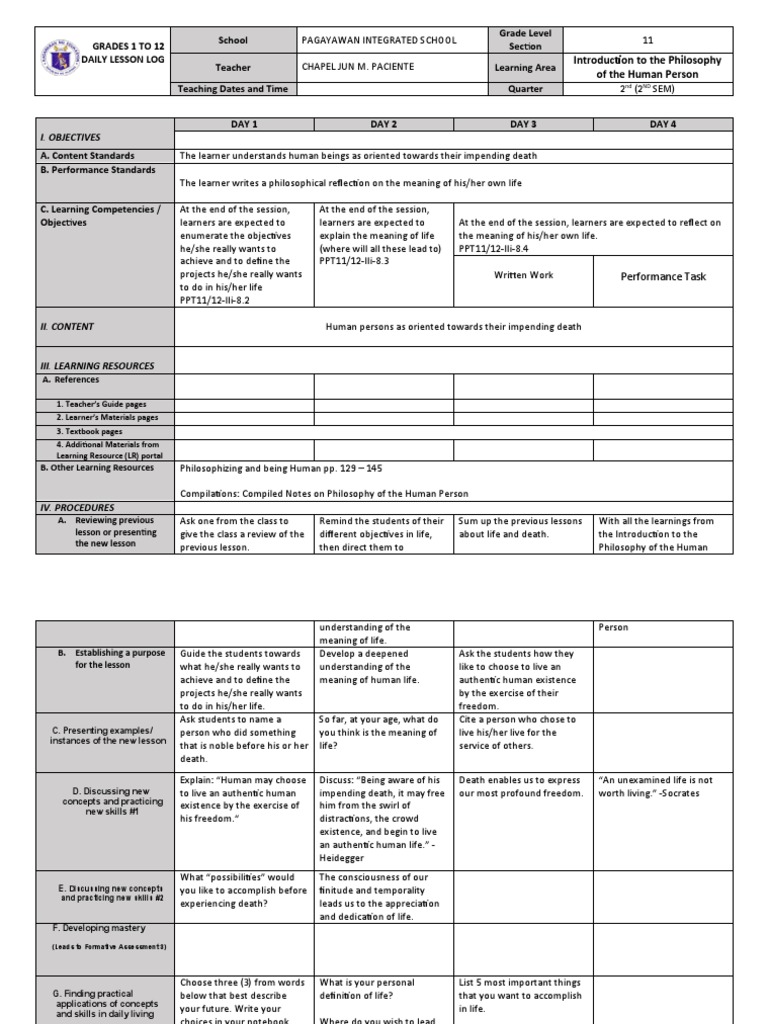 Q2 Week I - Meaning of Life | PDF | Learning | Teaching Method
