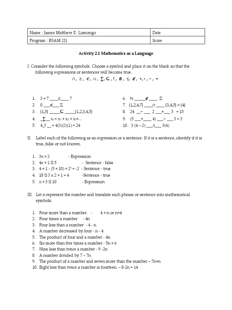 Activity 2.1 Mathematics As A Language | PDF Activity 2.1 Mathematics As A Language | PDF