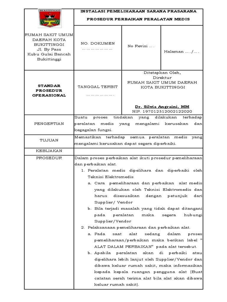 Sop Prosedur Perbaikan Peralatan Medis | PDF | Griya & Taman ...