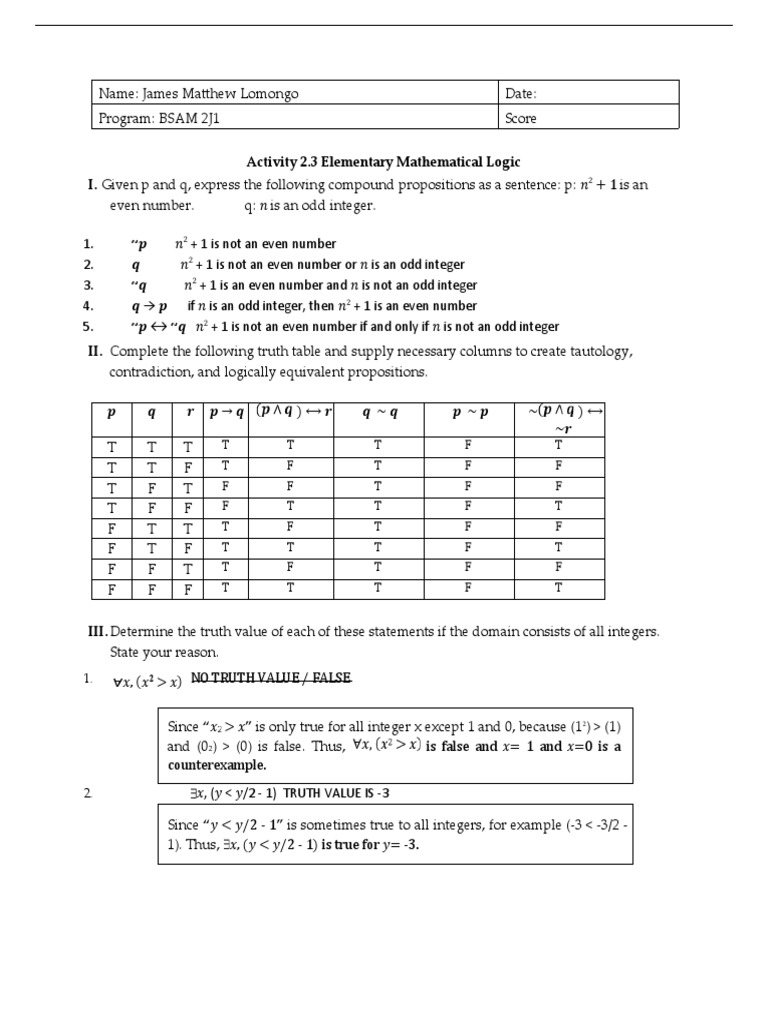 Activity 2.3 Elementary Mathematical Logic | PDF | Logical Expressions | Mathematical Logic