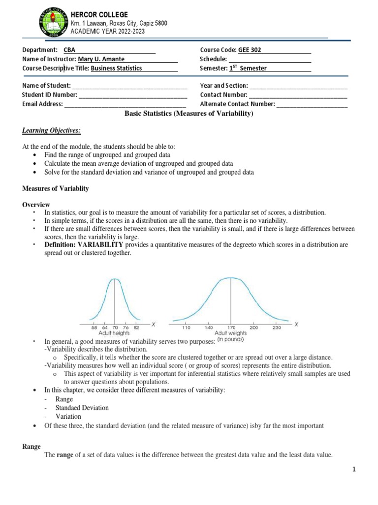 Measures Of Variability Pdf Variance Standard Deviation