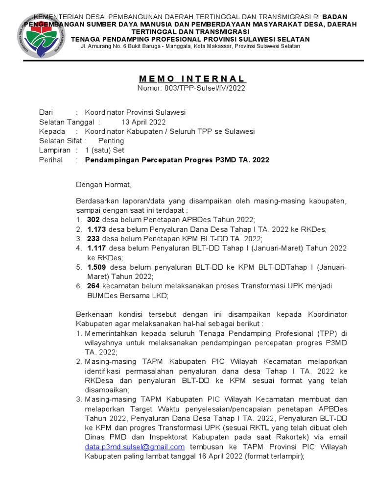 Memo 003 - Pendampingan Percepatan Progres P3MD TA.2022 | PDF