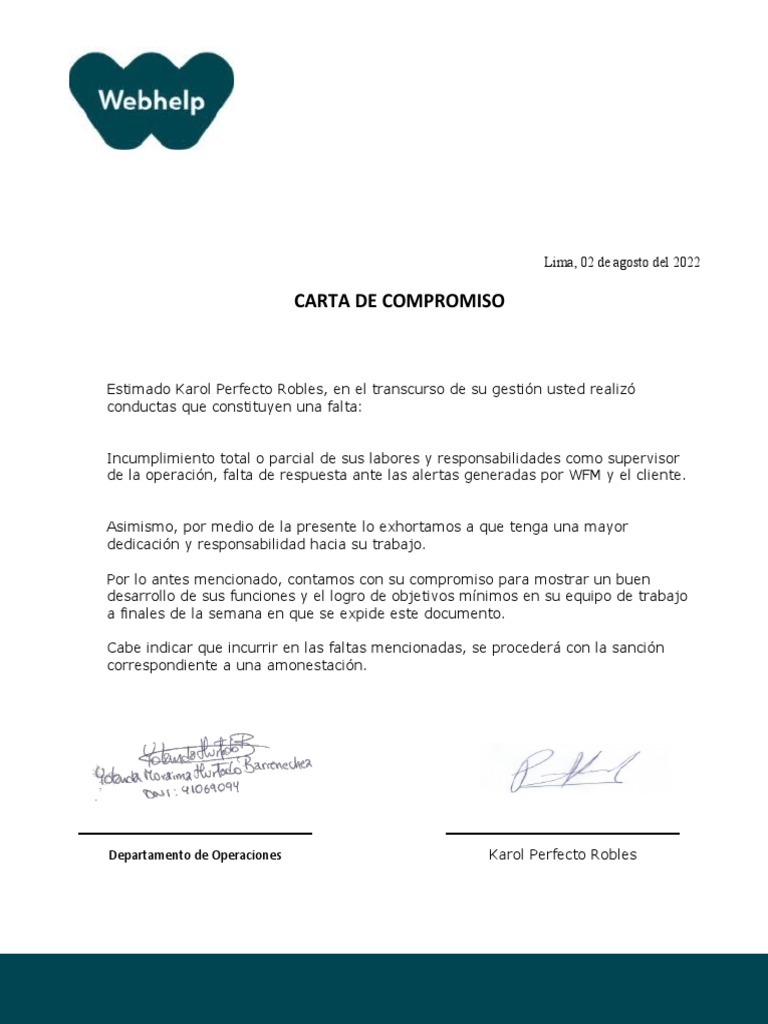 Compromiso de Mejora Laboral para Karol Robles | PDF