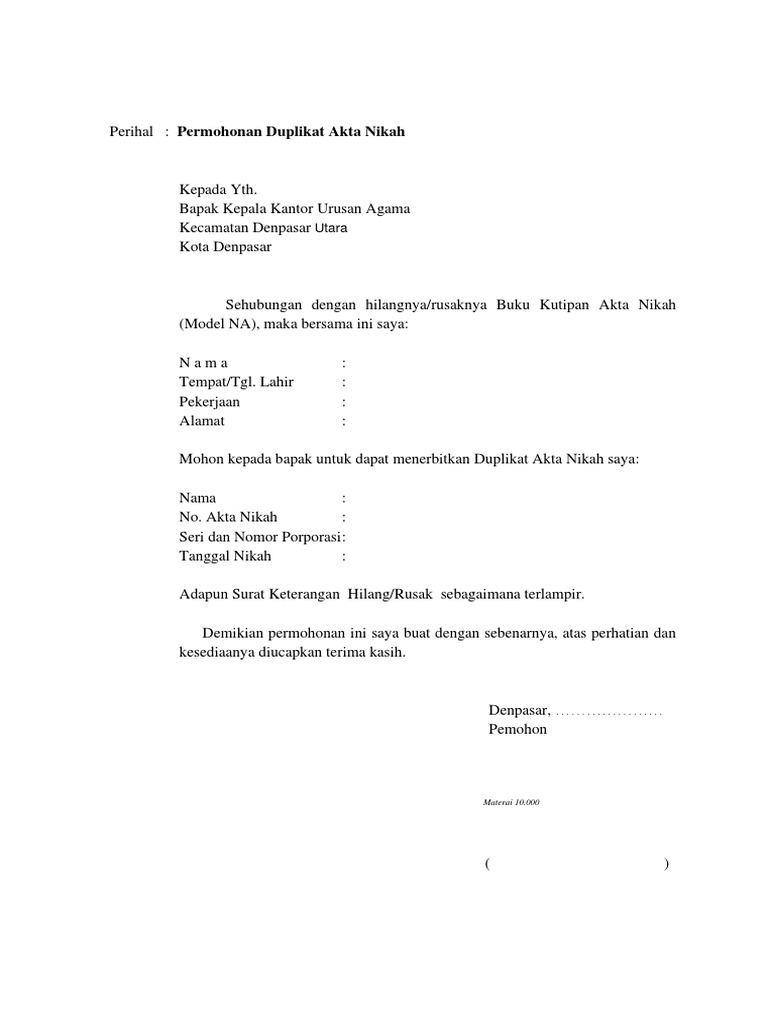 Formulir Permohonan Duplikat Akta Nikah | PDF