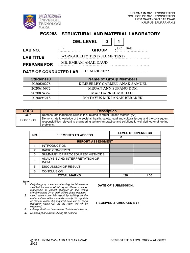 Workability Test (Slump Test) Lab Report | PDF | Concrete | Building ...