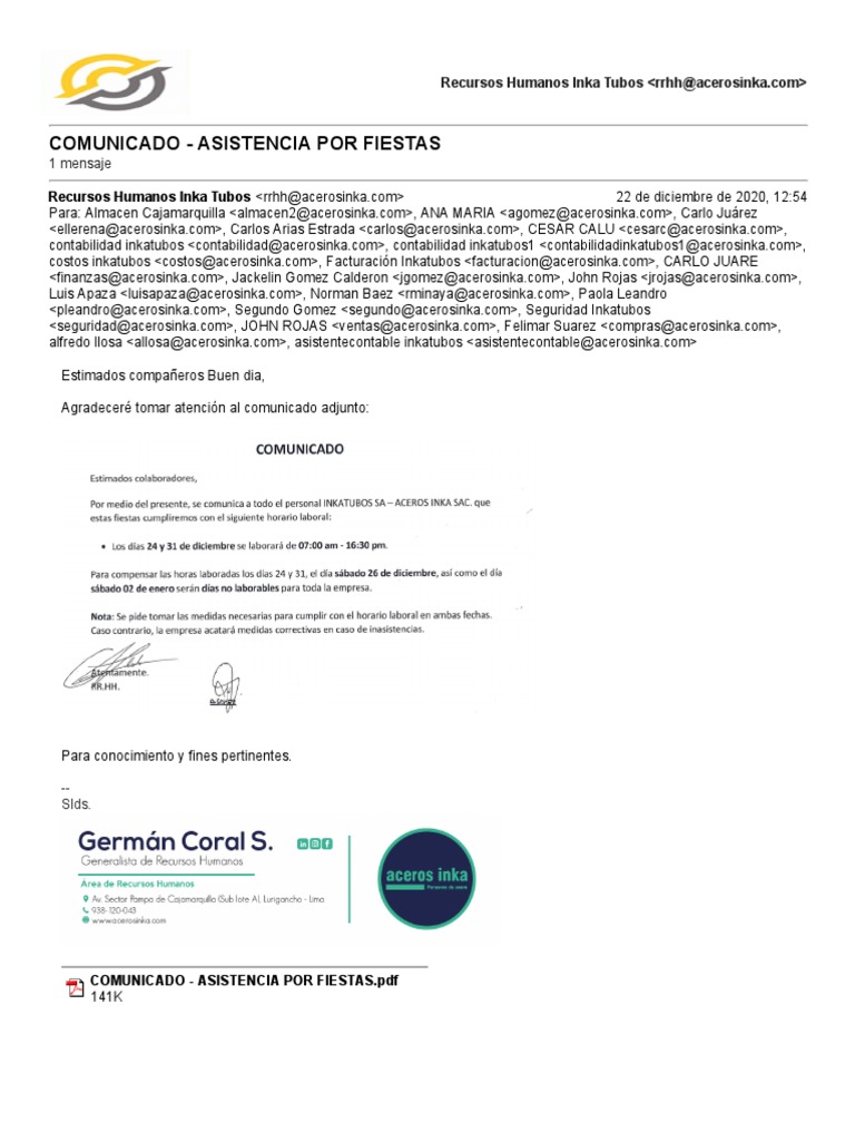 Correo de INKA TUBOS - COMUNICADO - ASISTENCIA POR FIESTAS | PDF