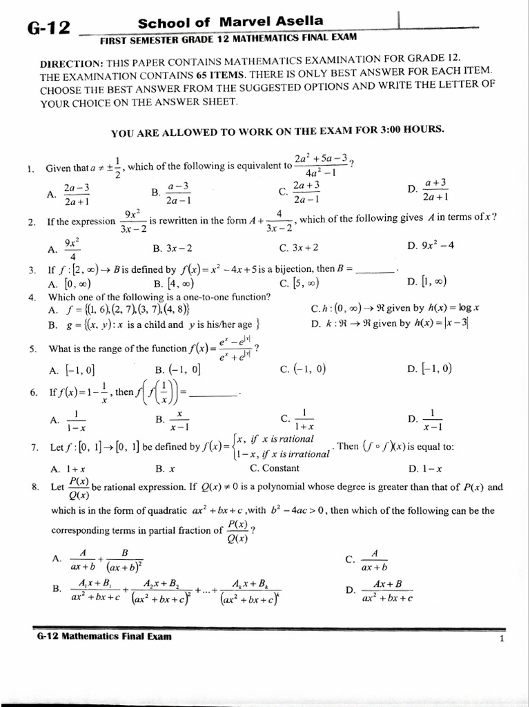 First Semester Grade 12 Mathematics Final Exam | PDF