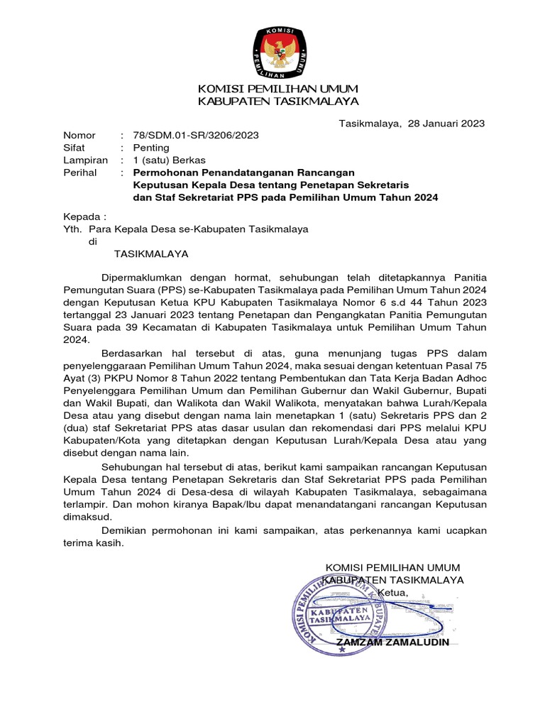 Surat Permohonan SK Kepala Desa Untuk Sekretariat PPS Pemilu 2024 - Fix | PDF