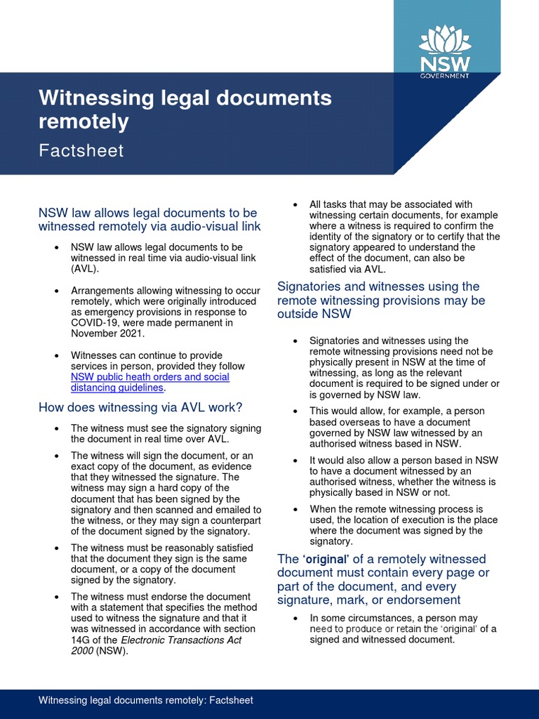 Remote Legal Document Witnessing NSW | PDF | Signature | Common Law