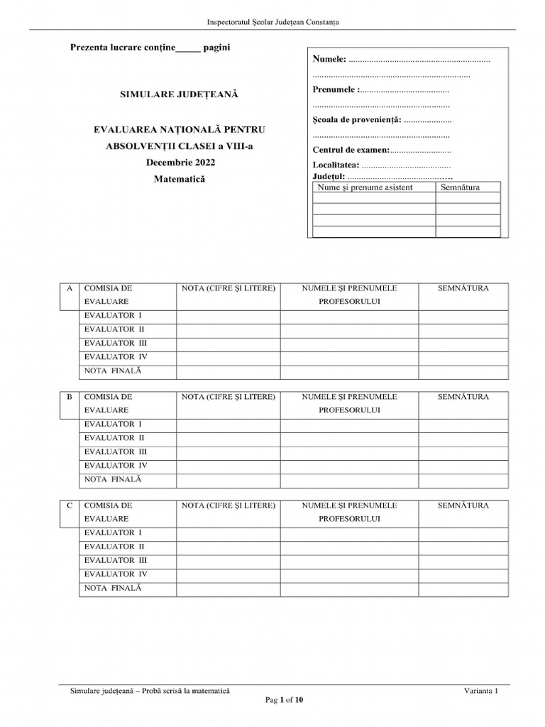 Simulare Judetena ISJ CONSTANTA EN 2023 Matematica subiectePDF | PDF