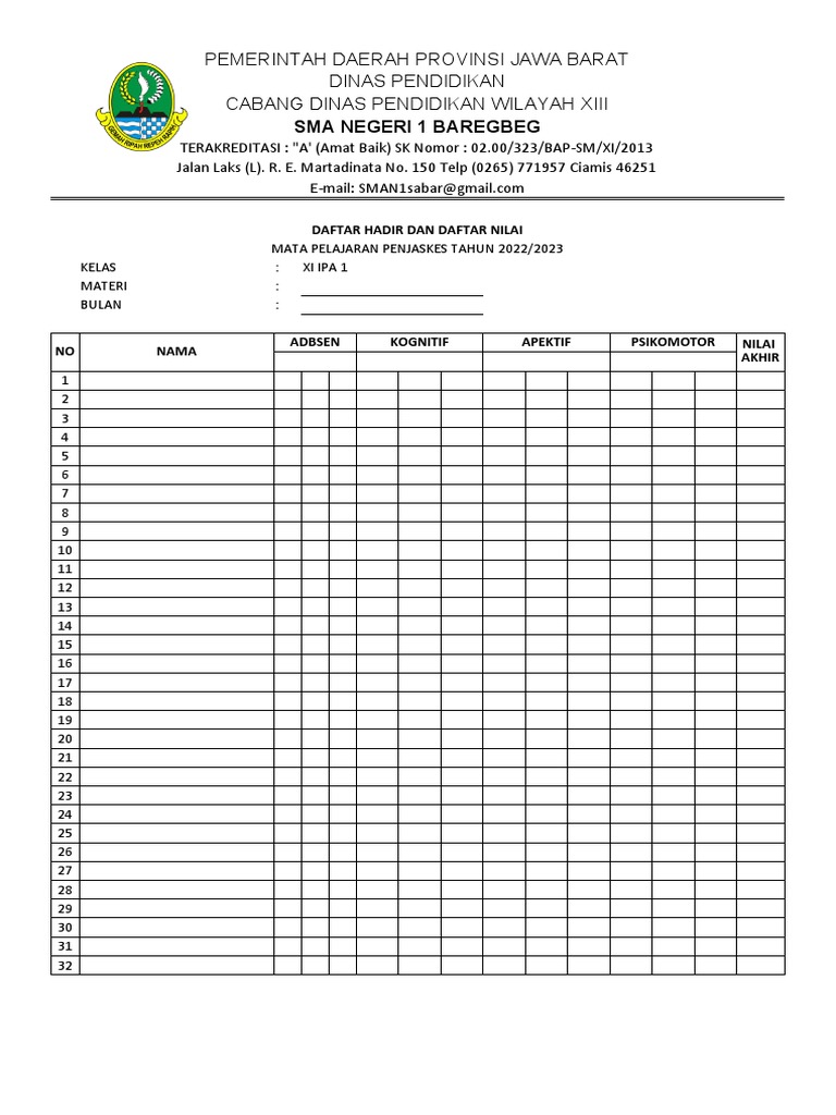 Daftar Nilai Harian Pjok | PDF