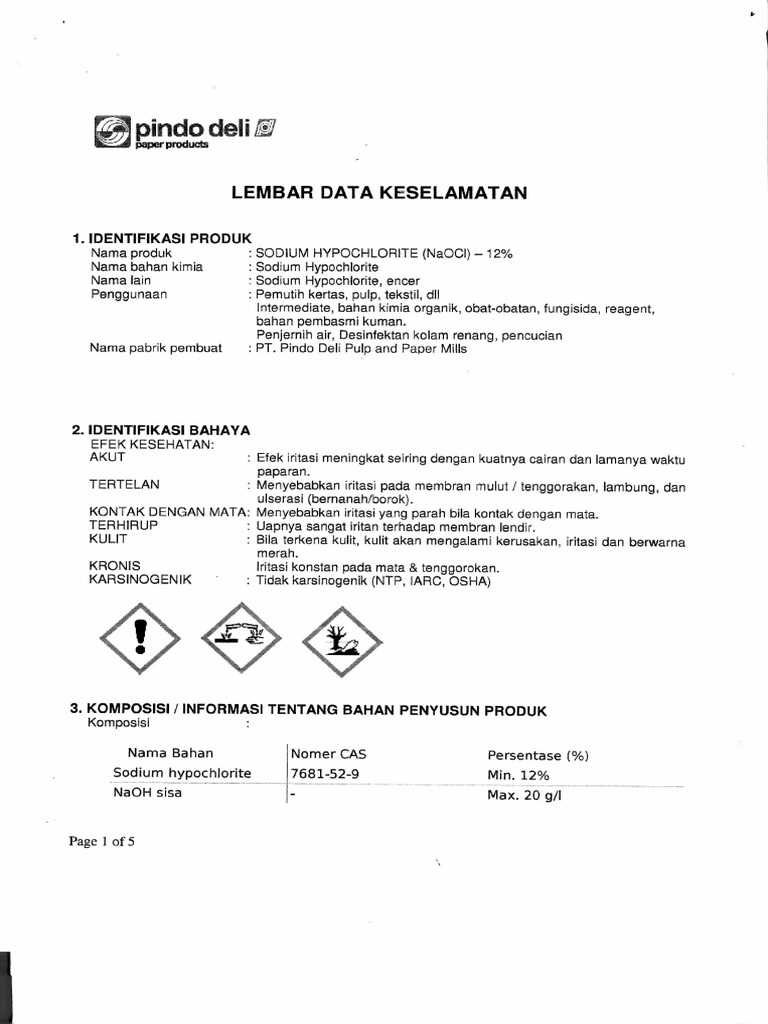 MSDS Pindo Deli, Lembar Data Keselamtan Sodium Hypochlorite, CAS 7681 ...