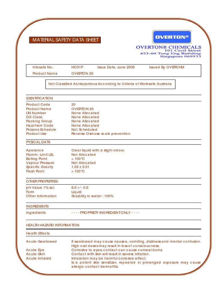 MSDS Overchem - 20 Premium Antiscalant & Antifoulant For | PDF | Personal Protective Equipment ...