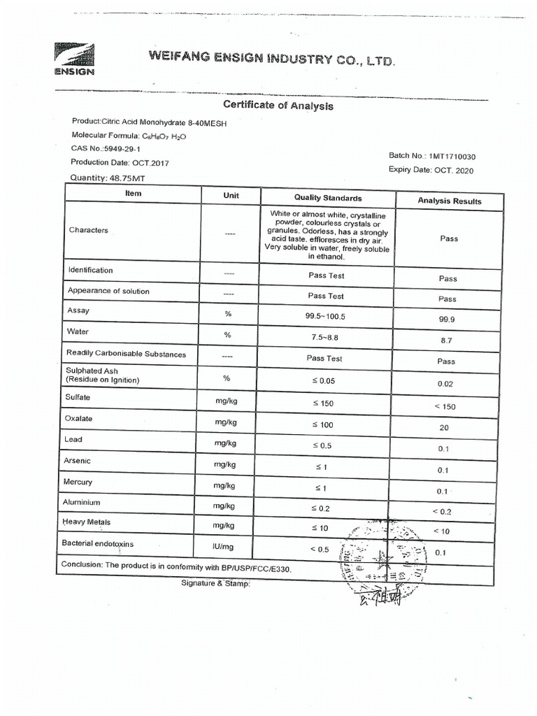 Coa Citric Acid PDF | PDF