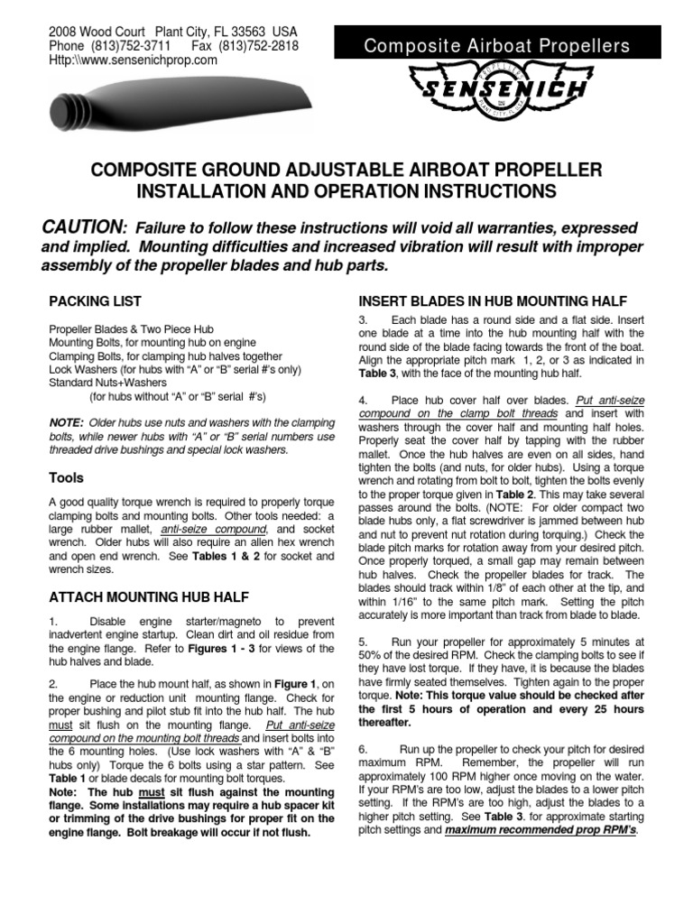 Sensenich Composite Propeller Installation Instructions | PDF | Screw | Propeller