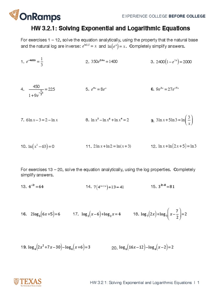 HW 3.2.1 Solving Equations Using e and LN | PDF | Special Functions ...
