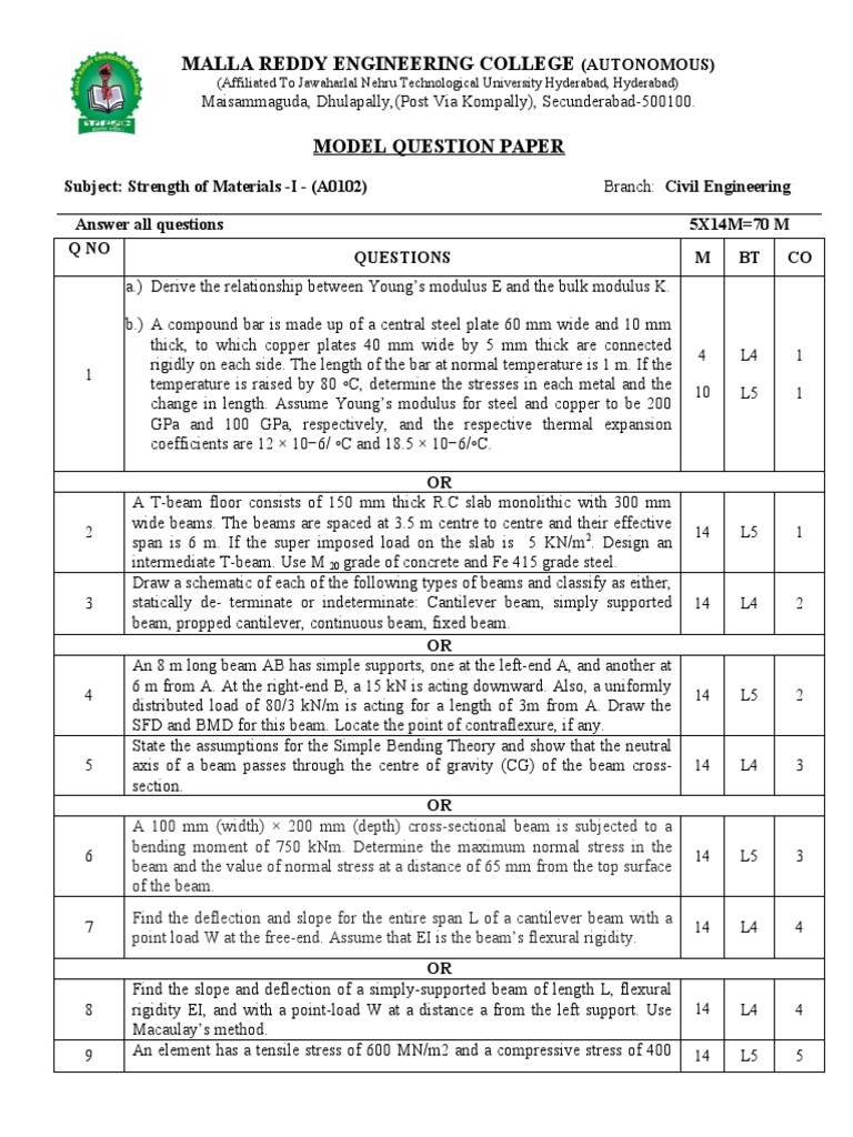 SOM I-Model Question Paper | PDF | Bending | Stress (Mechanics)