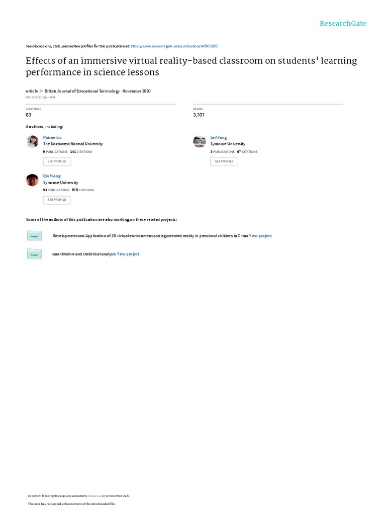 Effects of An Immersive Virtual Reality-Based Classroom On Students' Learning Performance in ...