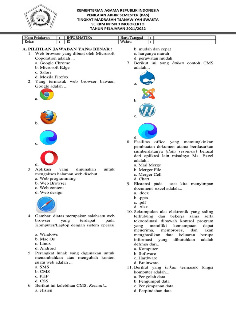 Soal Pas Informatika Kelas 9 Kertas | PDF